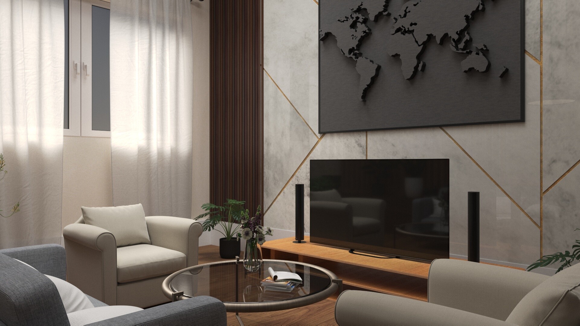 ArtStation - 3D Drawing Room with Attached Kitchen Interior House Design