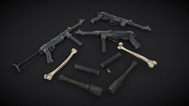 ArtStation - WW1 Weapon Set (MP40, German Stick Grenade, Femur Bone)