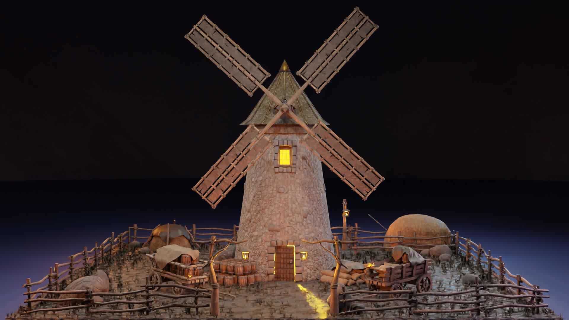 ArtStation - Animated stylized medieval scene of a mill with props