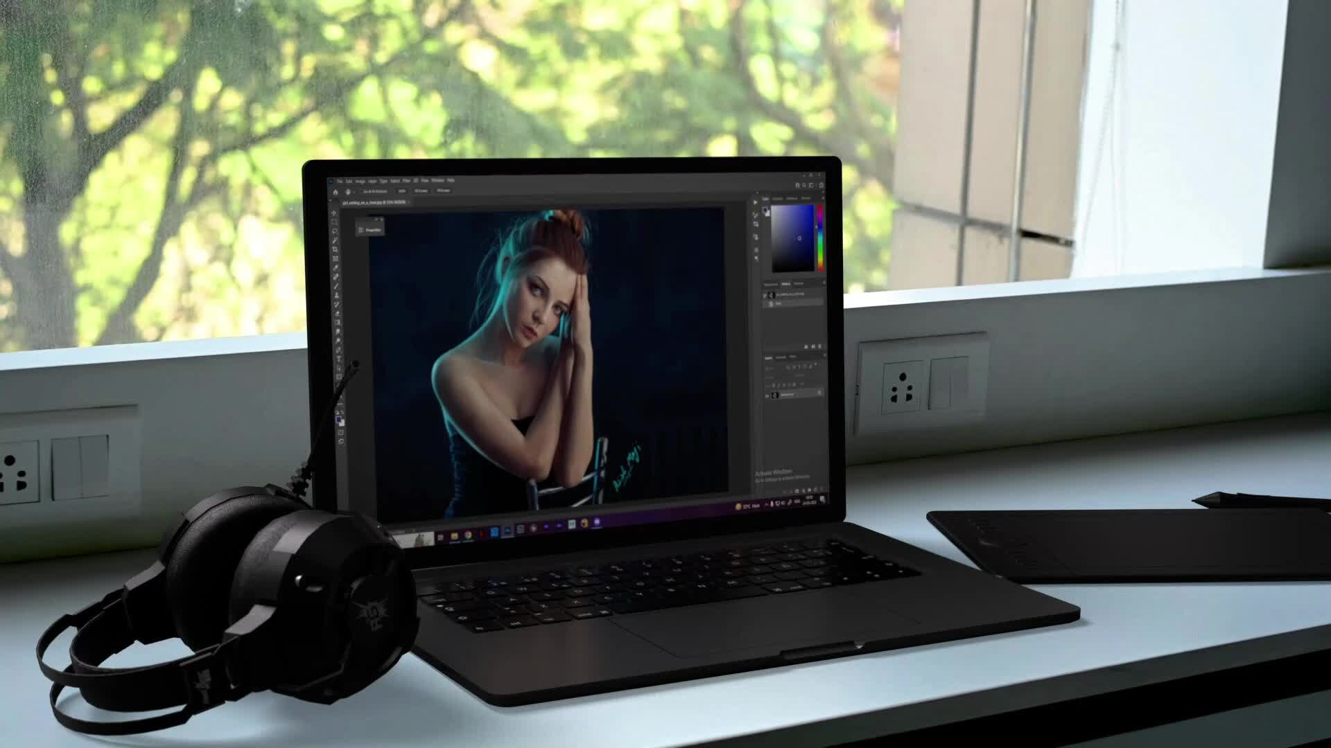 ArtStation - CGI Laptop, Headphone, and Pen tab on the table.