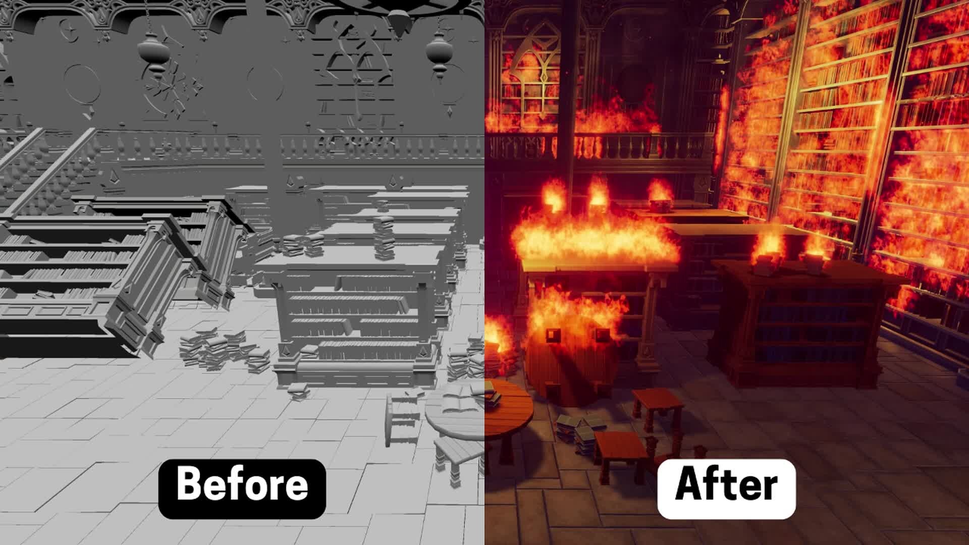 ArtStation - Visualization from scratch - Library Burning in Fire