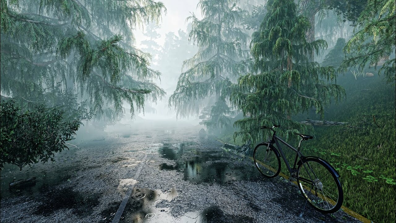 ArtStation - Walking and Cycling Ride through the forest in Rainy Day