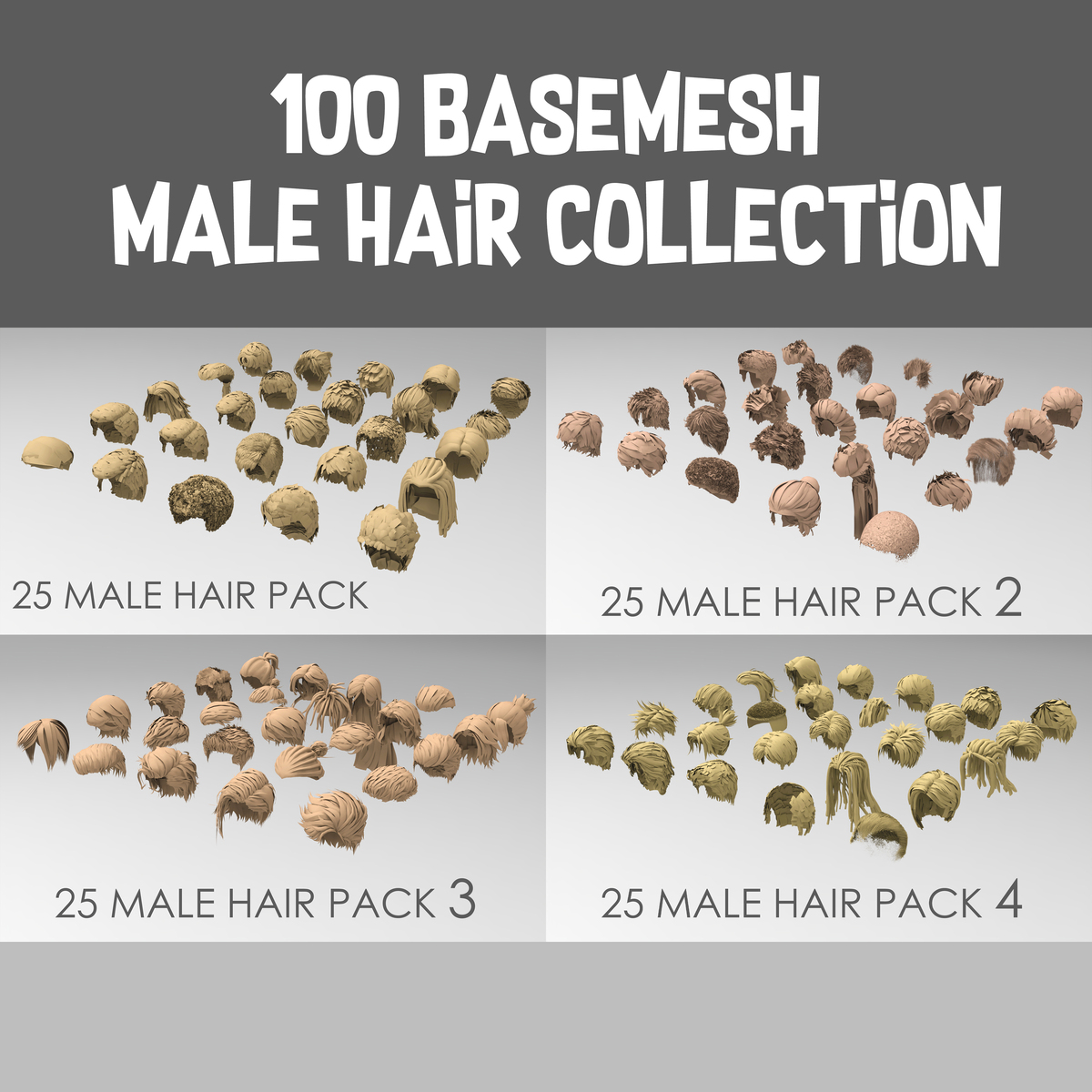 ArtStation - 100 Basemesh male hair collection with extended commercial ...
