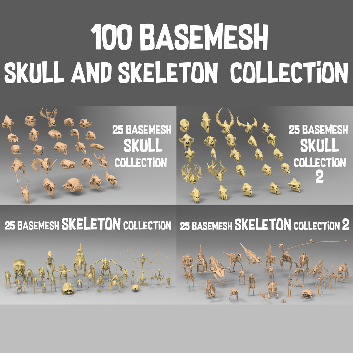 ArtStation - 100 basemesh skull and skeleton collection