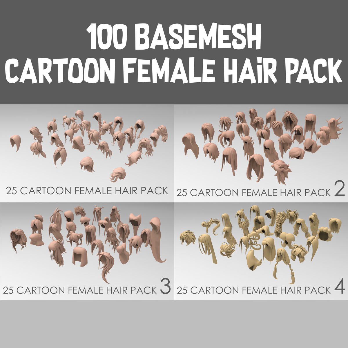 ArtStation - 100 basemesh cartoon female hair pack with extended ...