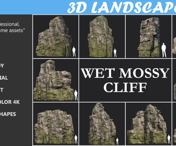 ArtStation - Low poly Wet Mossy Blocky Rock Cliff Pack | Game Assets