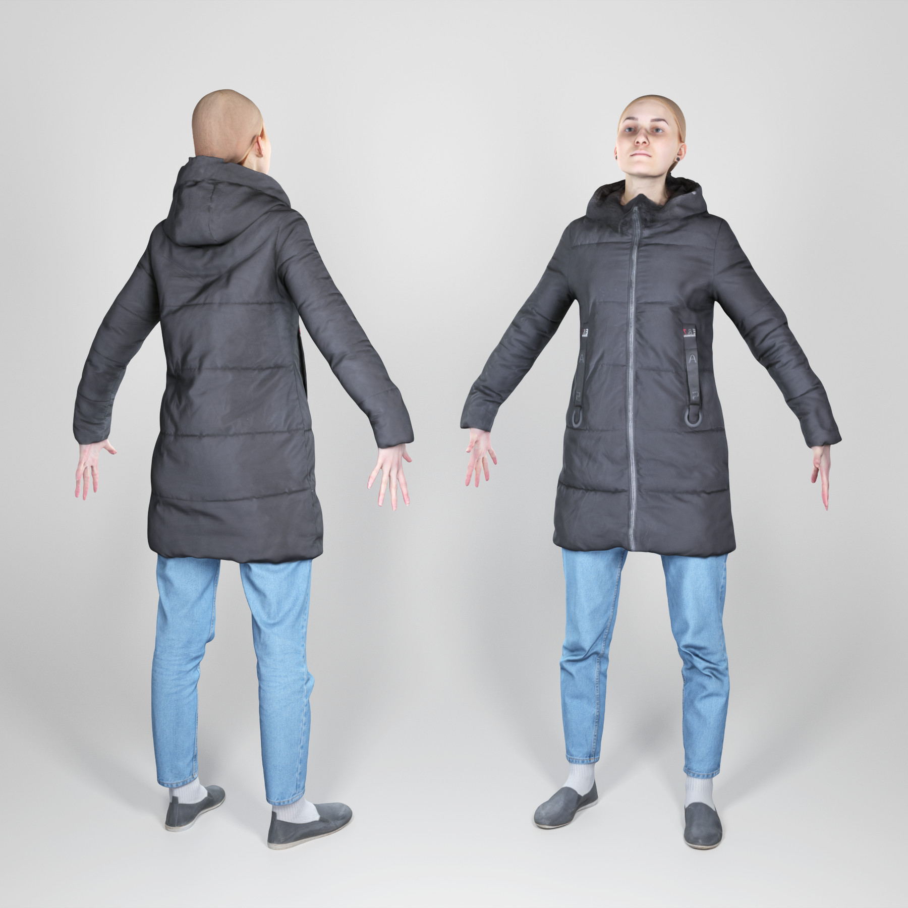 ArtStation - Young woman in a black down jacket in A-pose 165 | Resources