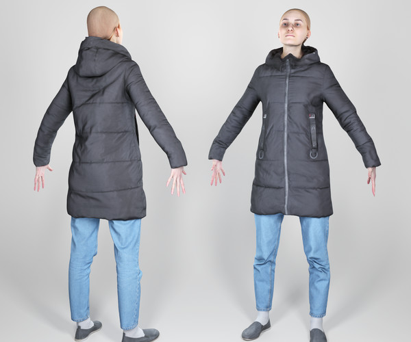 ArtStation - Young woman in a black down jacket in A-pose 165 | Resources