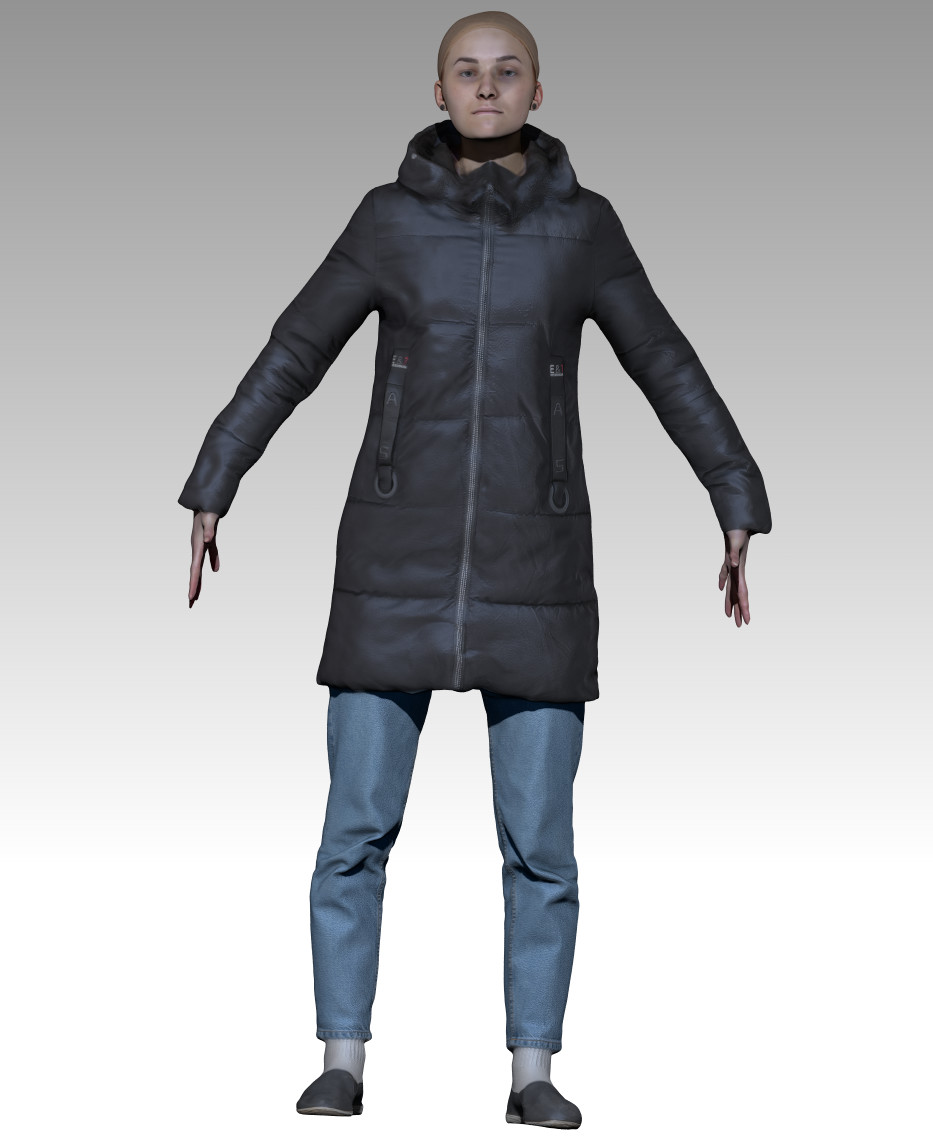 ArtStation - Young woman in a black down jacket in A-pose 165 | Resources