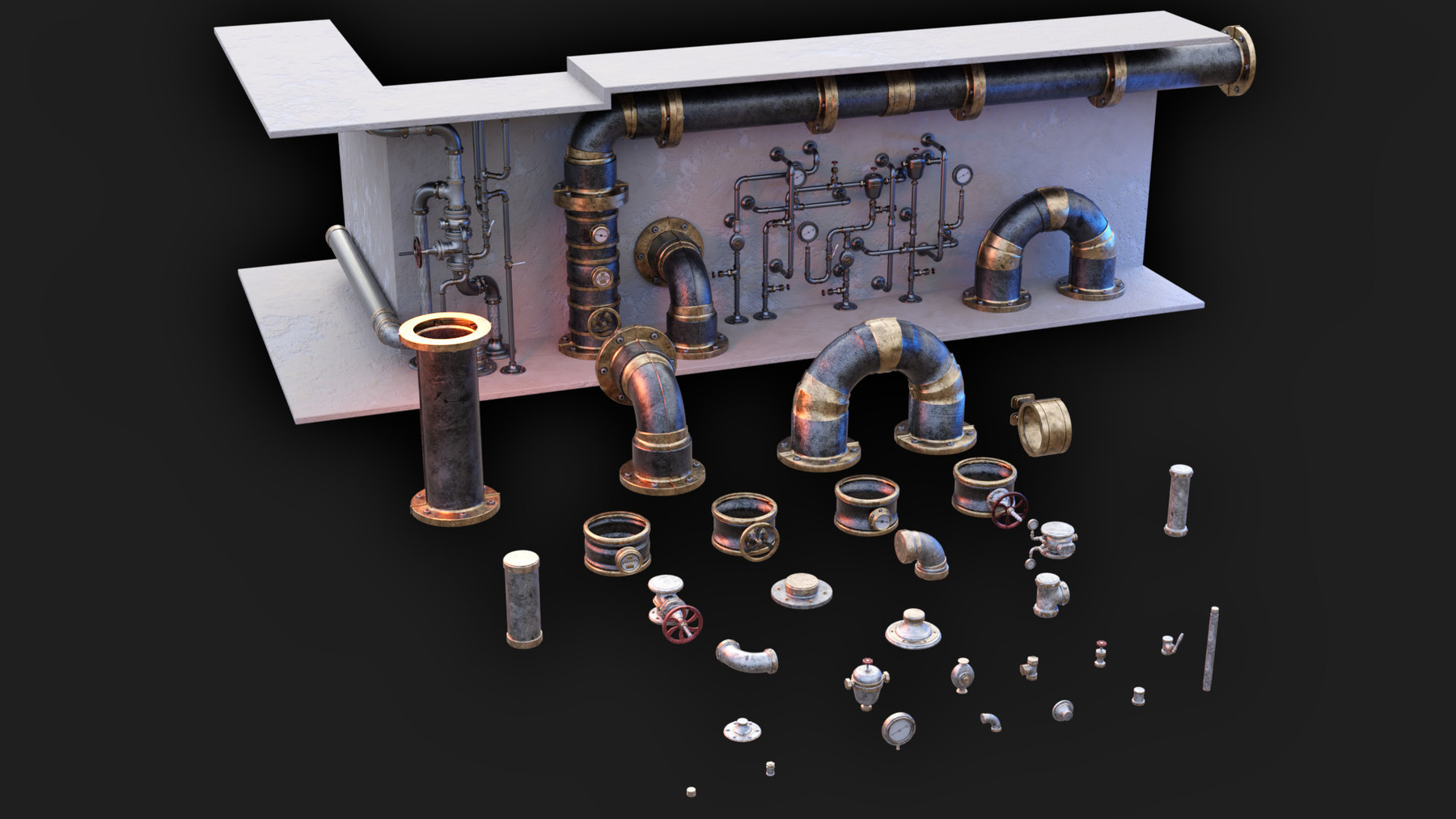 ArtStation - Steampunk Pipes 3D Kit (fbx - obj - blend) | Game Assets