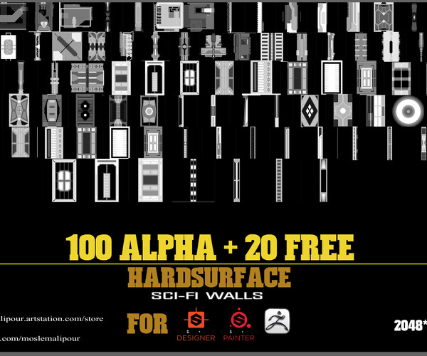 ArtStation - 100+20 free OPTIMIZED SCI FI ALPHA MAPS | Brushes