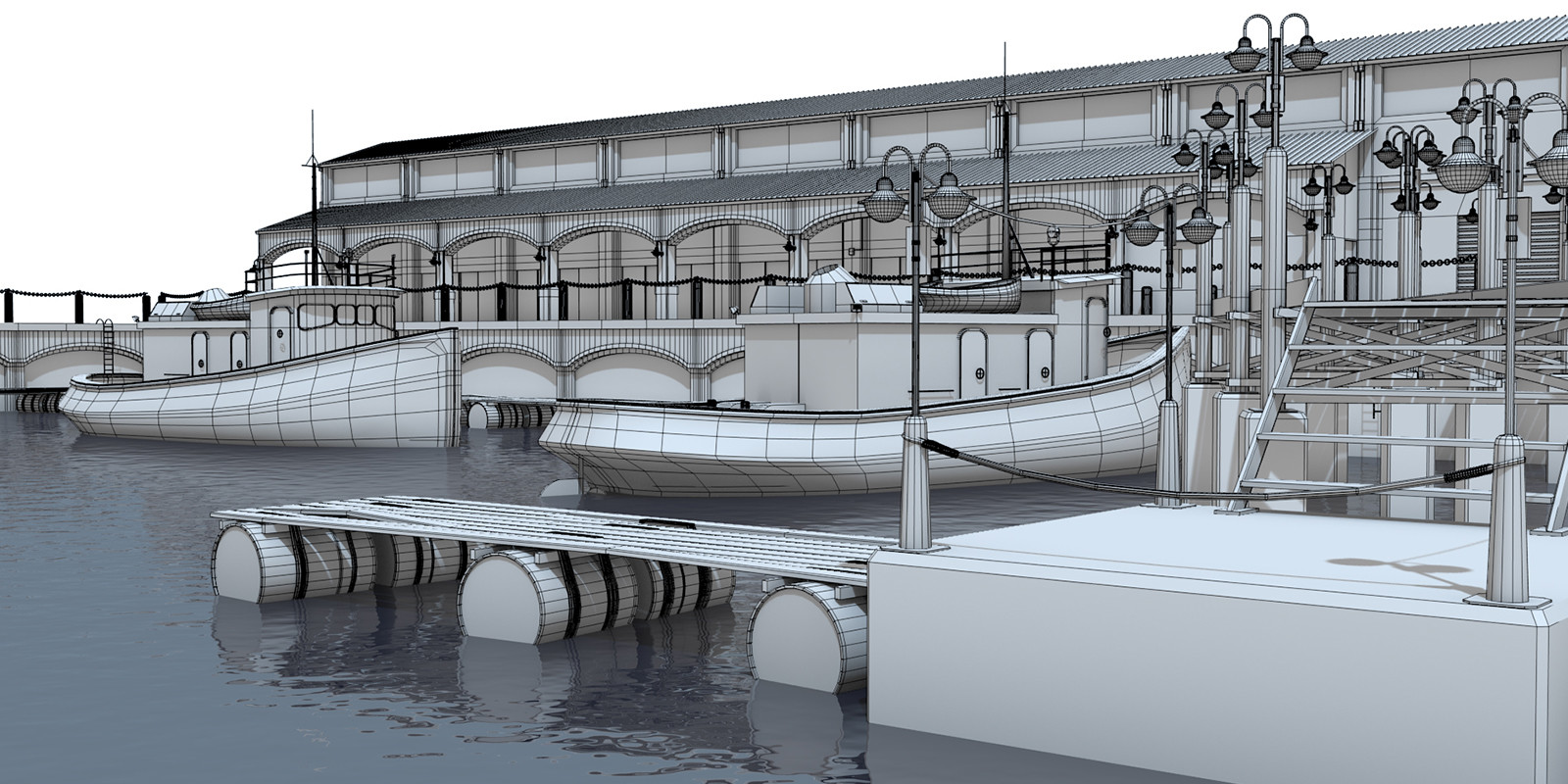 ArtStation - Un-Textured clay model of harbor pier and fishing boats ...