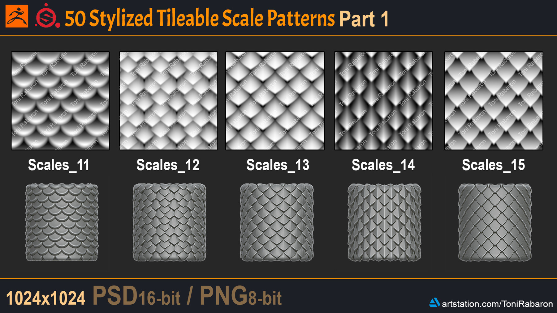 ArtStation - 50 Stylized Tileable Displacement/Alpha Scale Patterns ...