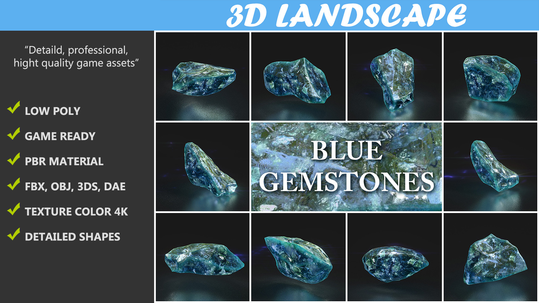 ArtStation - Low poly Blue Gemstone Pack 200115 | Game Assets