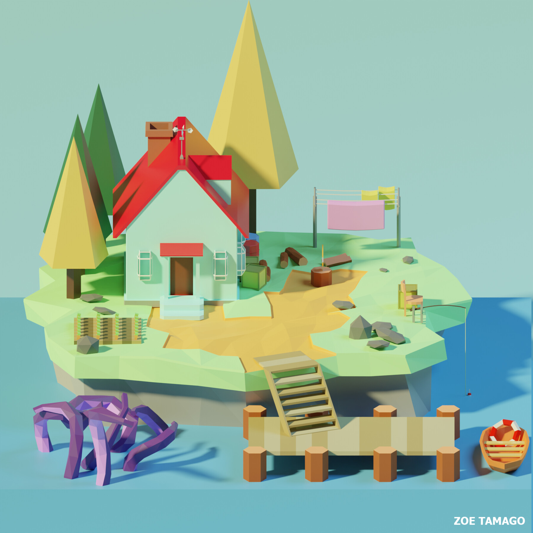 ArtStation - Isometric Low Poly House on an Island by Zoe Tamago ...