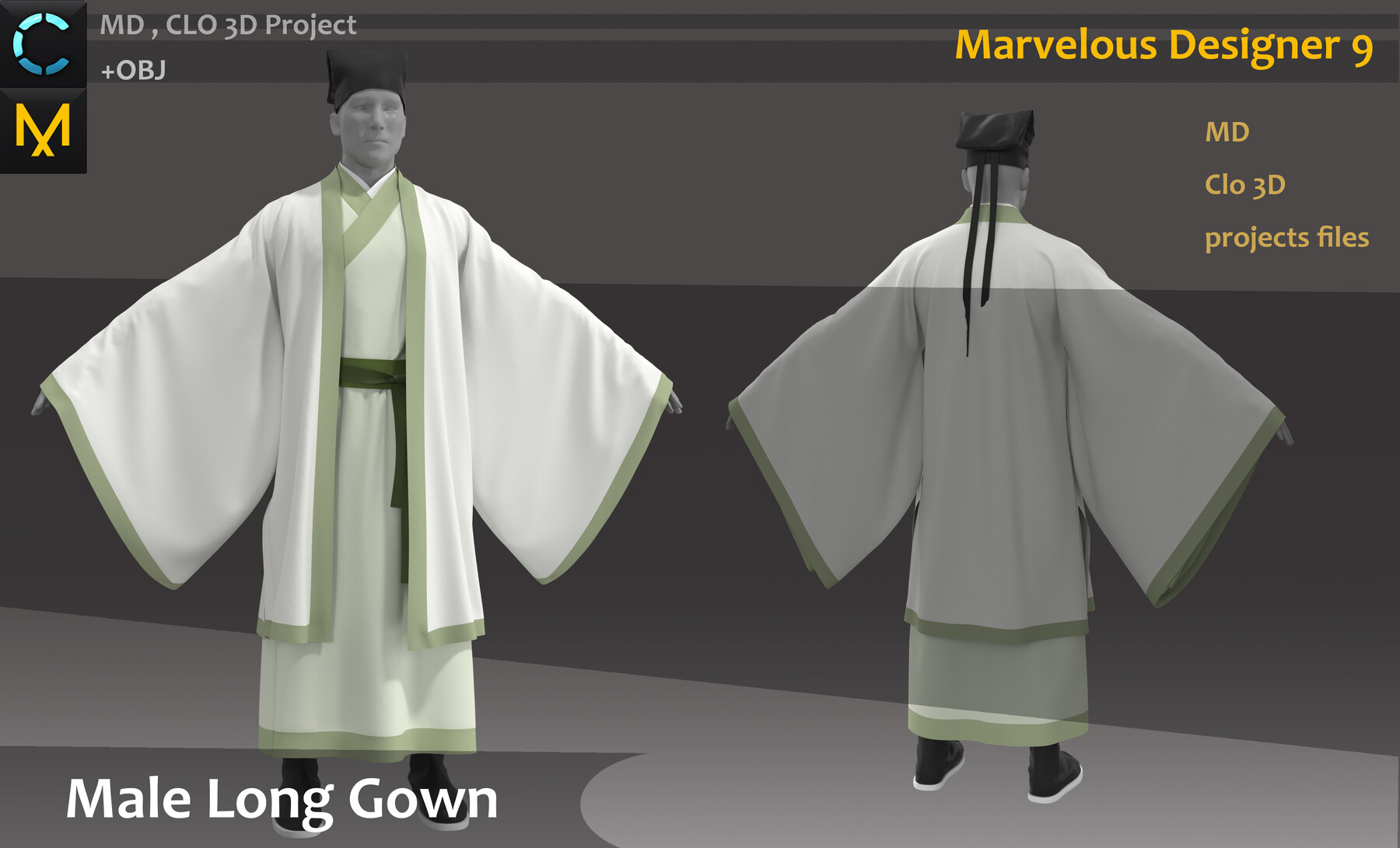 ArtStation - Customized_Chinese male Hanfu & Kinmono Long gown_Marvelous Designer Project ...