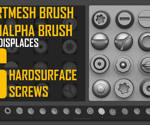 ArtStation - INSERTMESH BRUSH SCREWS + ALPHA BRUSH + DISPLACE | Brushes