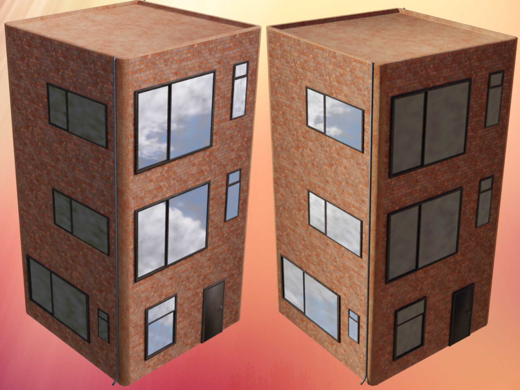 ArtStation - Brick Apartment building 3 storeys Low-poly 3D model ...