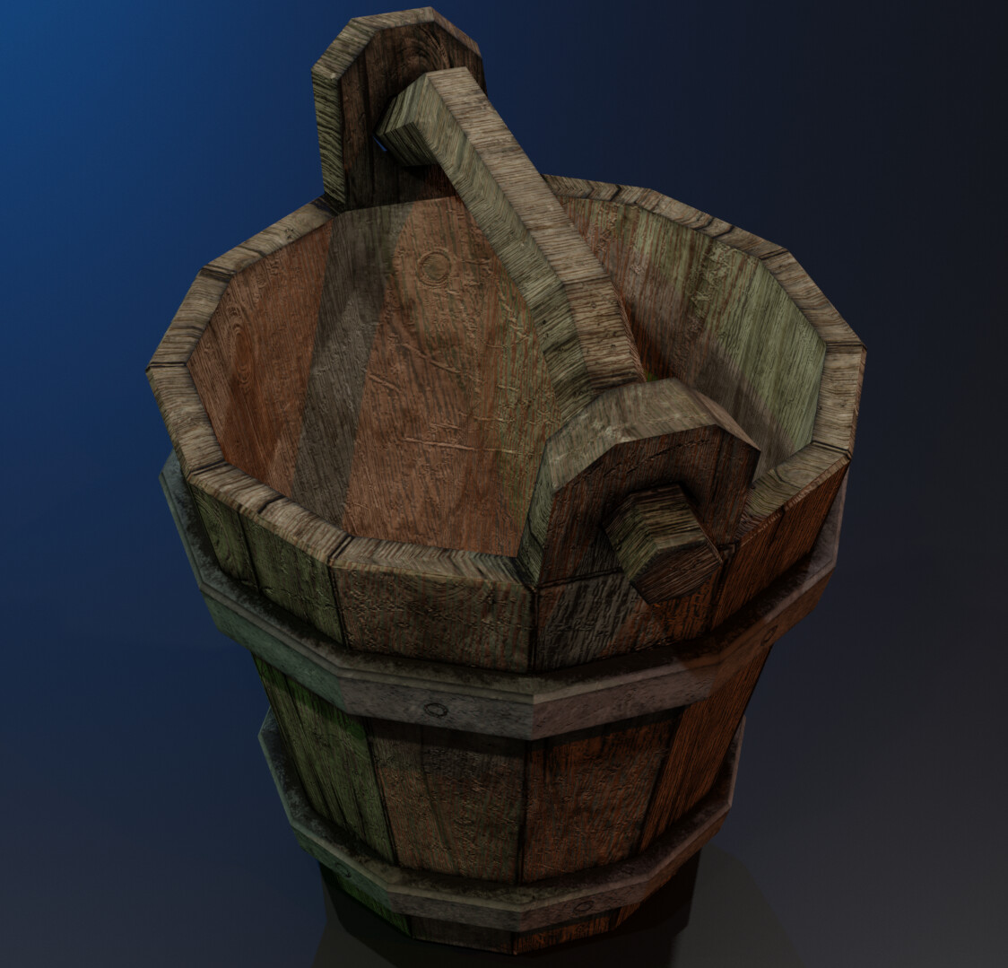 ArtStation - Wooden bucket with metal rings and contamination elements ...