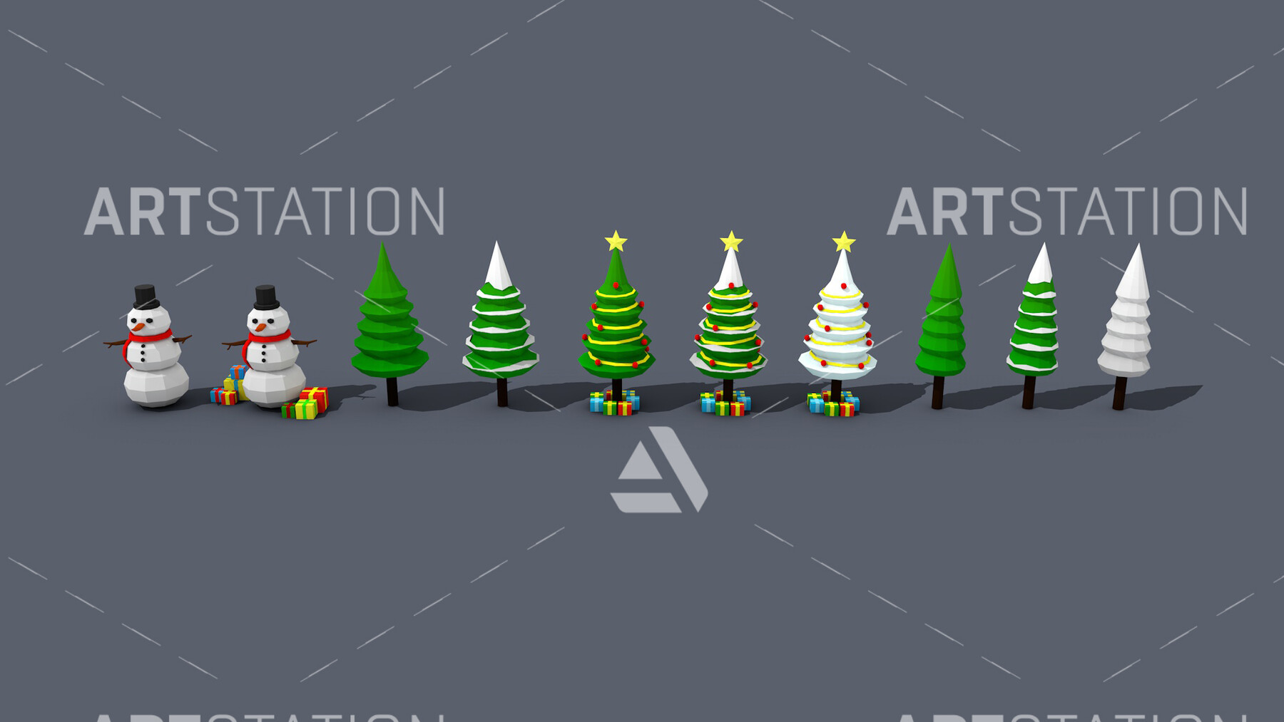 ArtStation - Low Poly Christmas Tree And Snowmen Gift Isometric Icon ...