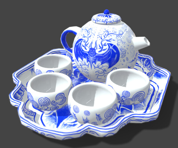 ArtStation - Bat themed Blue China Tea Set | Game Assets