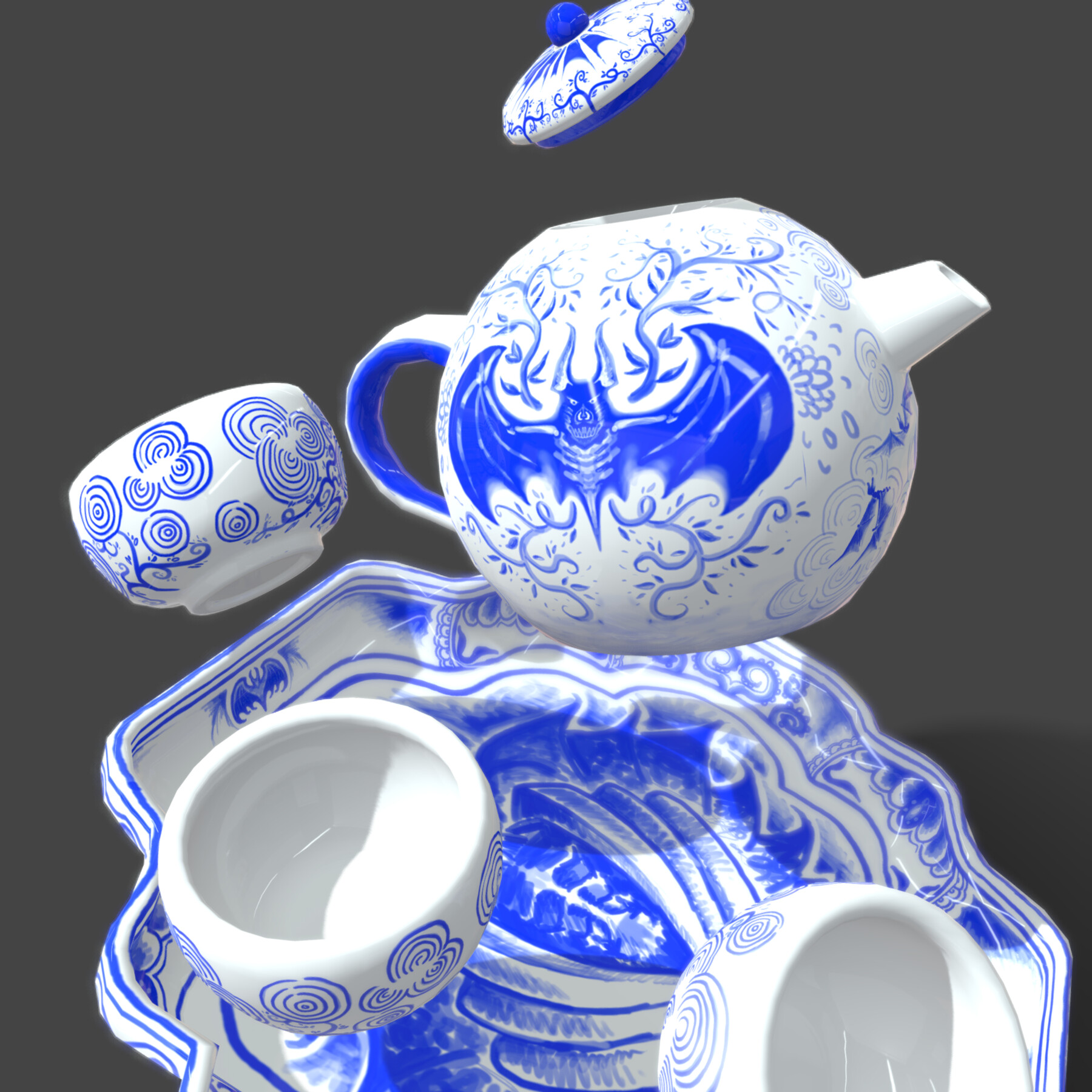 ArtStation - Bat themed Blue China Tea Set | Game Assets