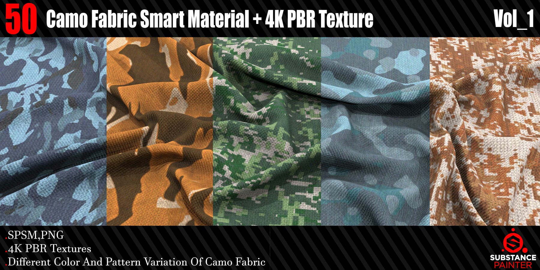 ArtStation - 50 Camo Fabric Smart Material + 4K PBR Texture | Game Assets