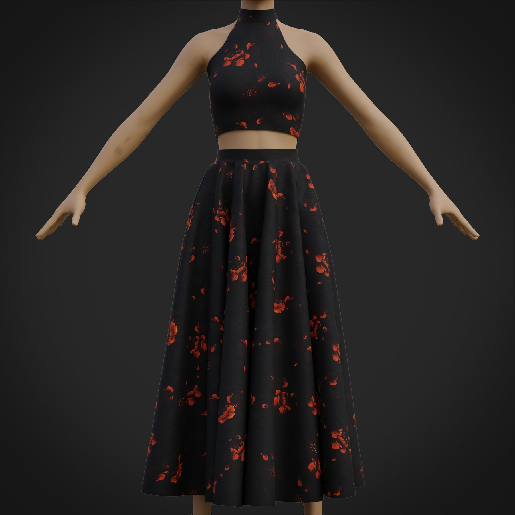 ArtStation - halter neck crop top and maxi skirt - two piece prom dress ...