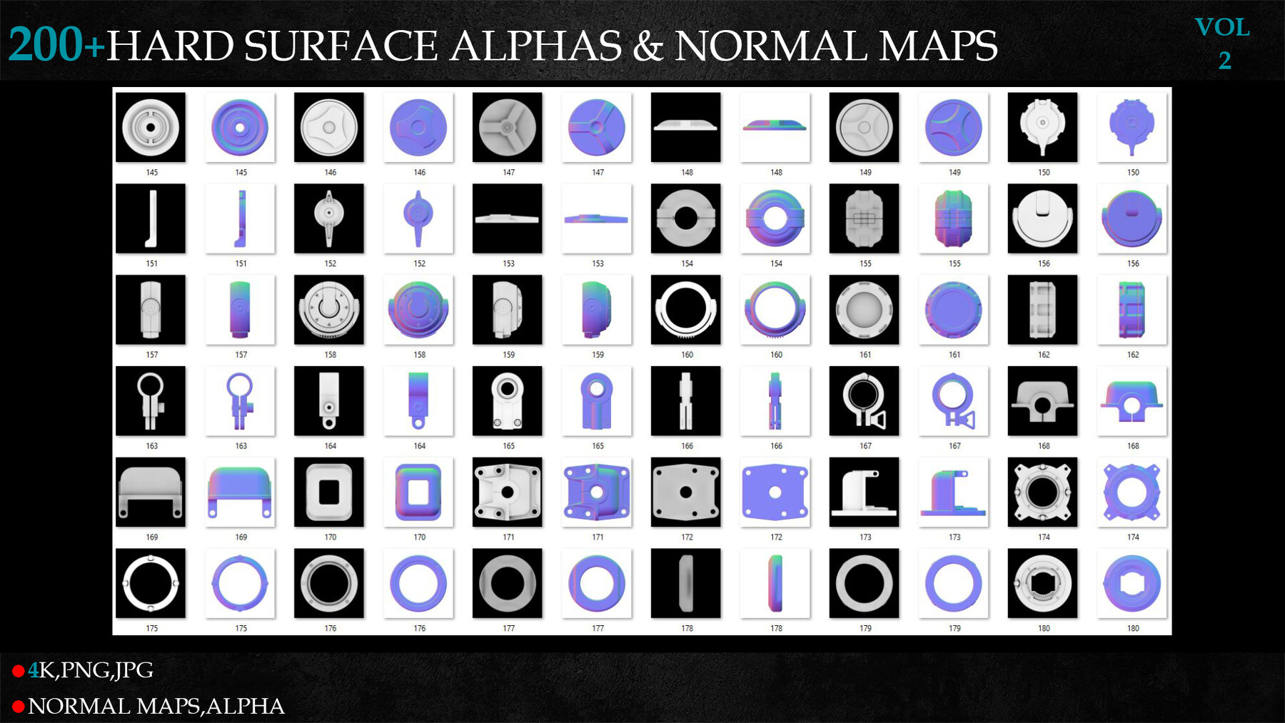 ArtStation - 200+HARD SURFACE ALPHAS & NORMAL MAPS-VOL 2 | Brushes