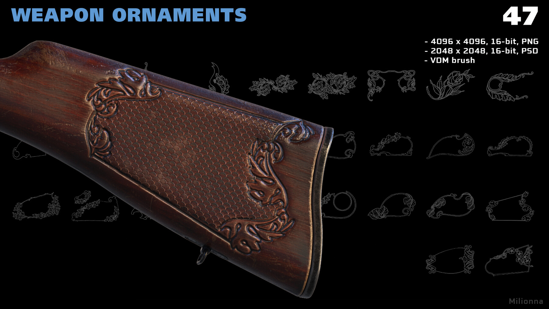 ArtStation - 47 alphas for Weapons (Substance, Zbrush, PNG) | Brushes