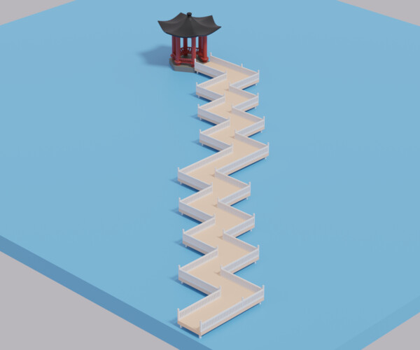 ArtStation - Cartoon Chinese Nine-turn bridge and Pavilion 3D model ...