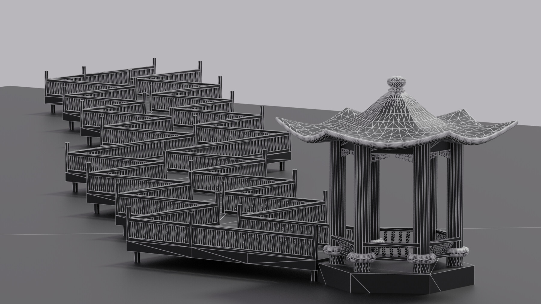 ArtStation - Cartoon Chinese Nine-turn bridge and Pavilion 3D model ...