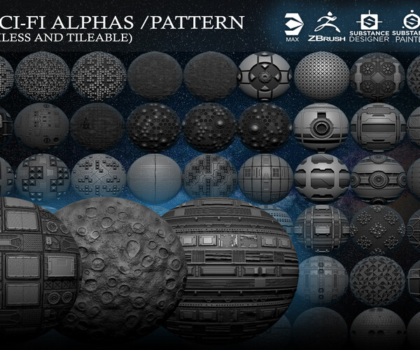 ArtStation - 70 4k SCI-FI Alphas /PATTERN (Seamless and Tileable) | Brushes