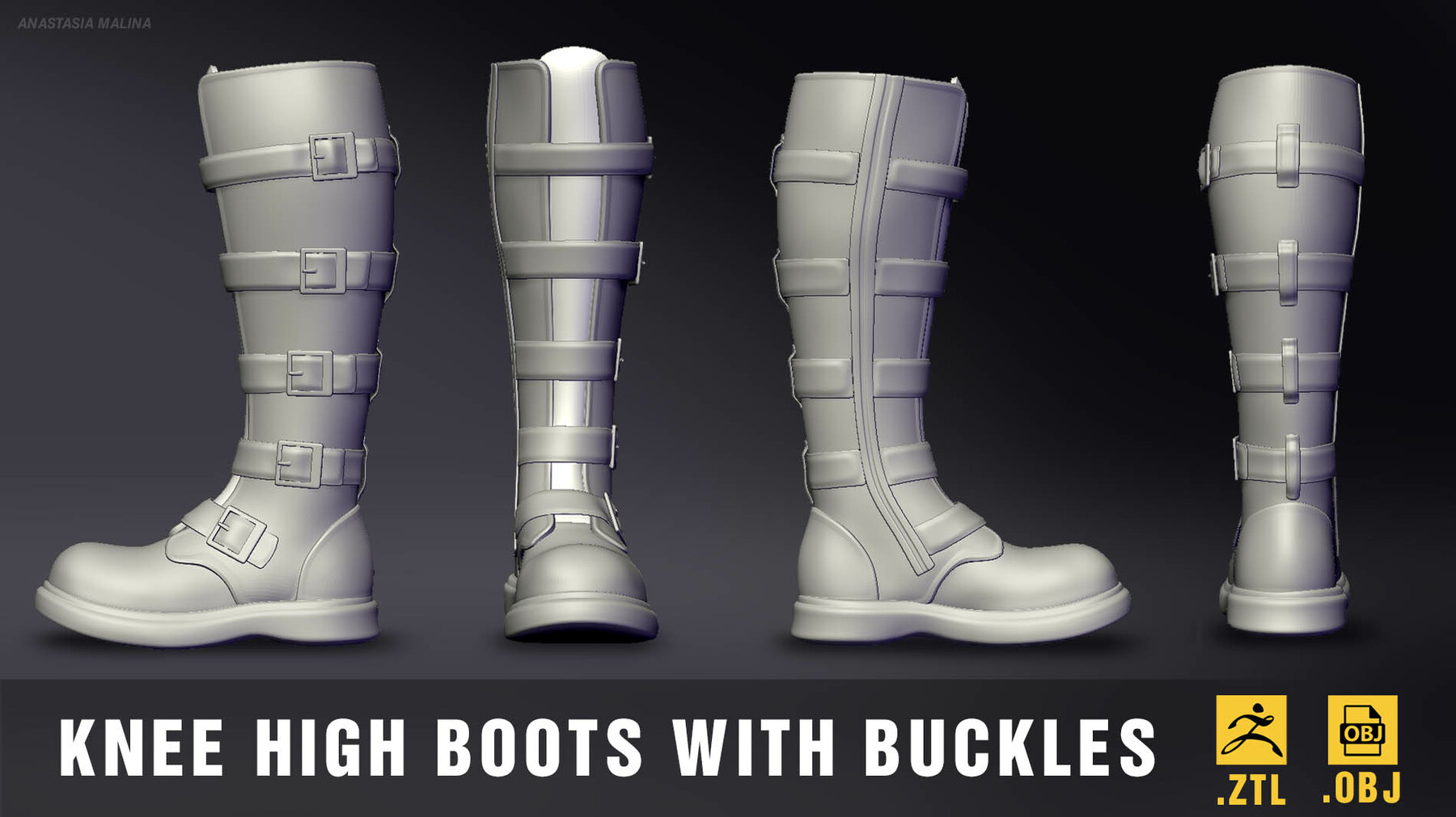 ArtStation - Knee high boots with buckles (.ZTL+.OBJ) | Resources