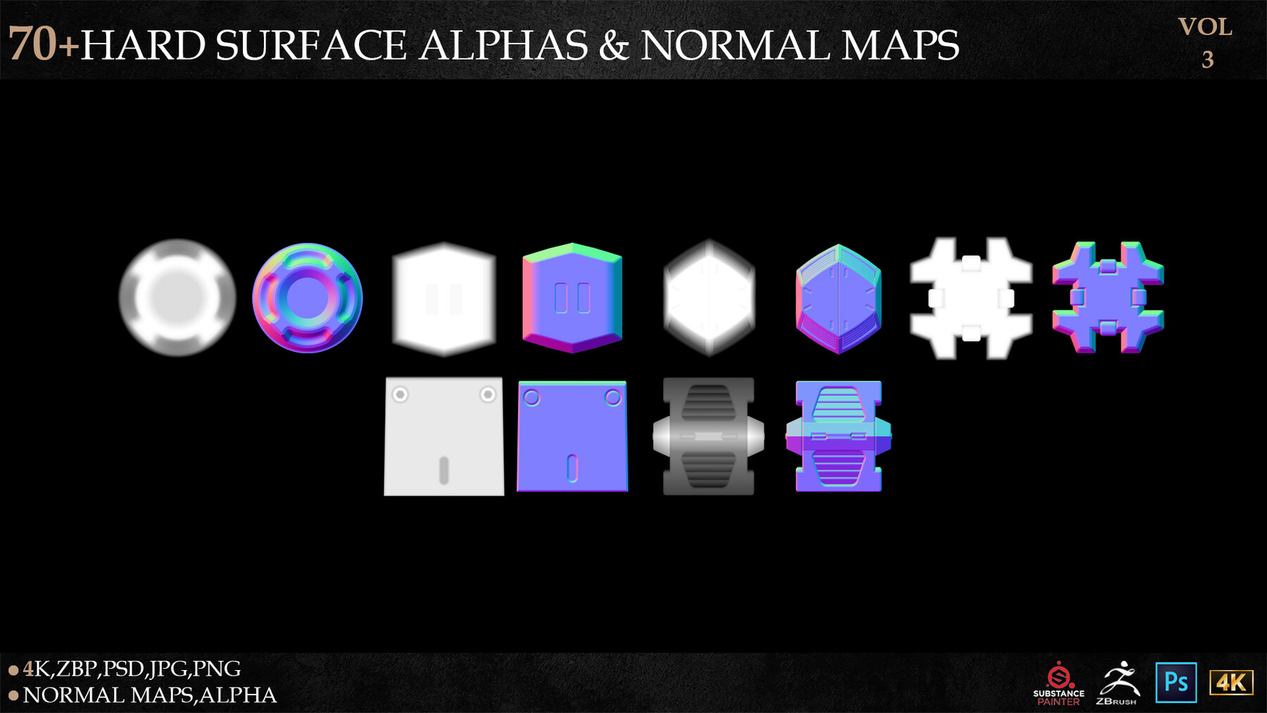 ArtStation - 70+HARD SURFACE ALPHAS & NORMAL MAPS-VOL 3 | Brushes