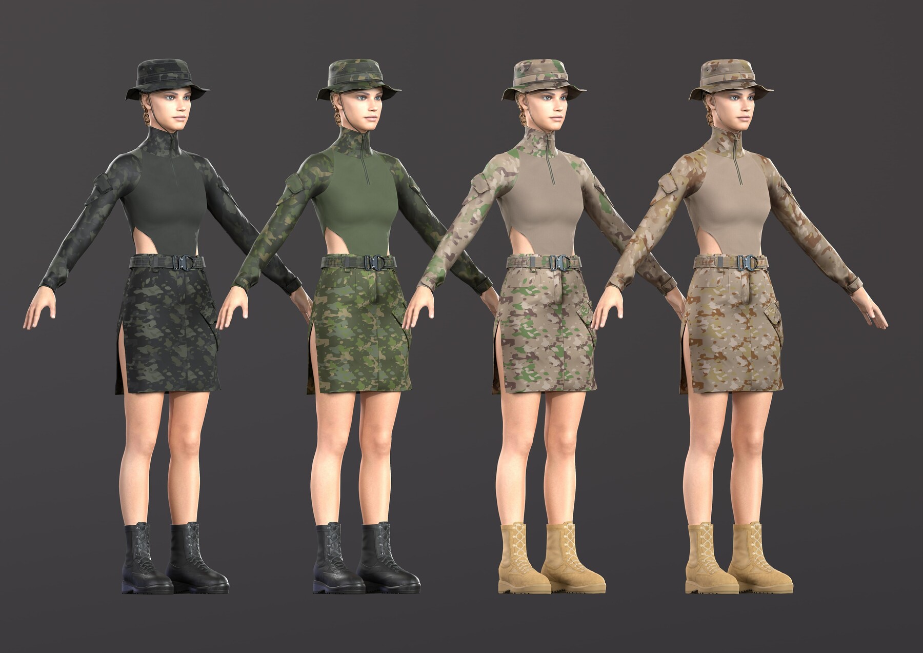 ArtStation - FEMALE FIT COMBAT SUIT. Panama, body, skirt, belt, army ...