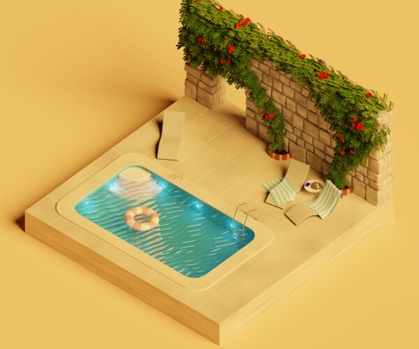 ArtStation - Pool Side with Ancient Wisteria Wall Low-poly 3D model ...