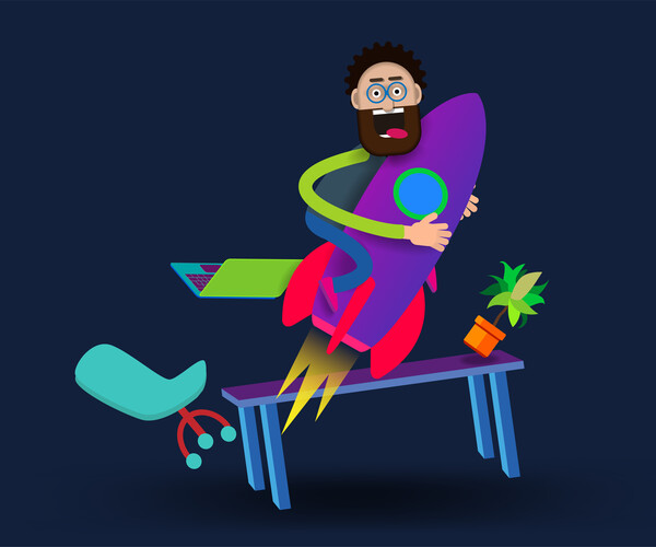 ArtStation - Cartoon office worker takes off on a rocket in the office ...
