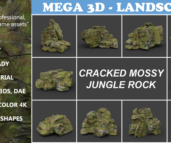 ArtStation - Low poly Cracked Mossy Jungle Rock 220124 | Game Assets