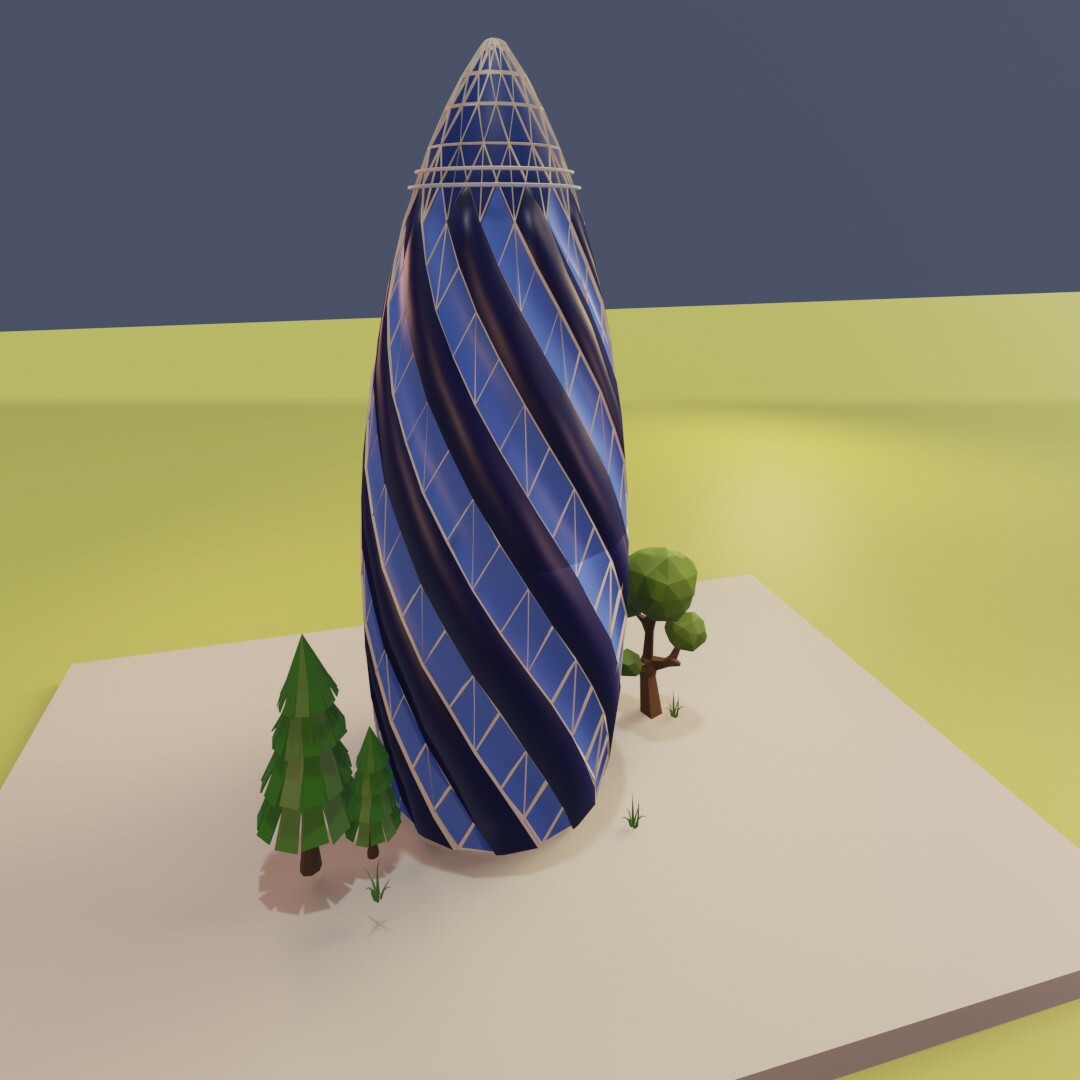 ArtStation - Cartoon Low Poly Gherkin Tower Building | Game Assets