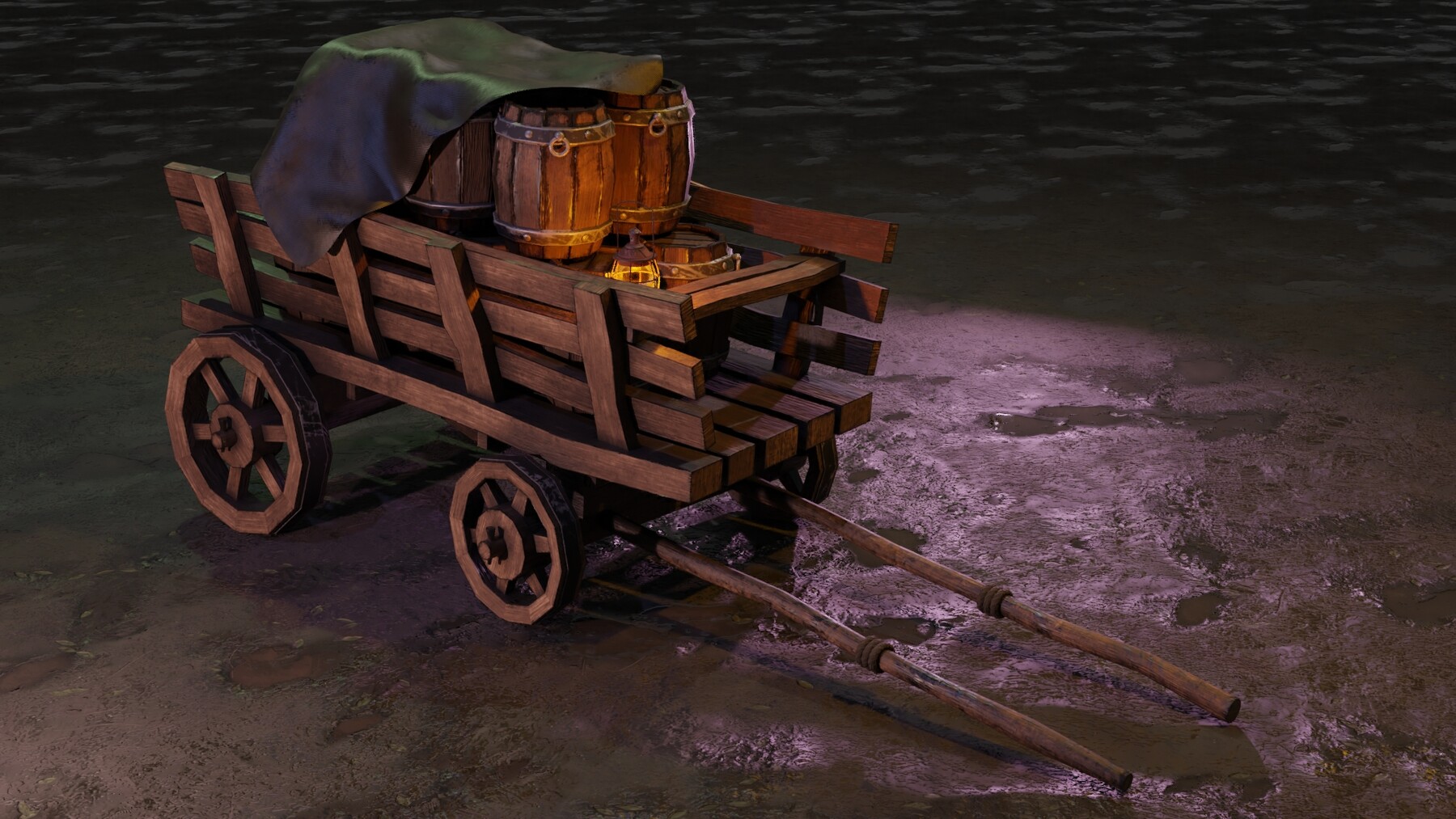 ArtStation - A stylized medieval cart with a lamp and barrels | Game Assets