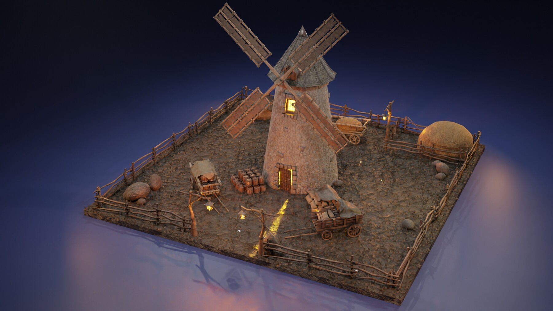 ArtStation - Animated stylized medieval scene of a mill with props ...