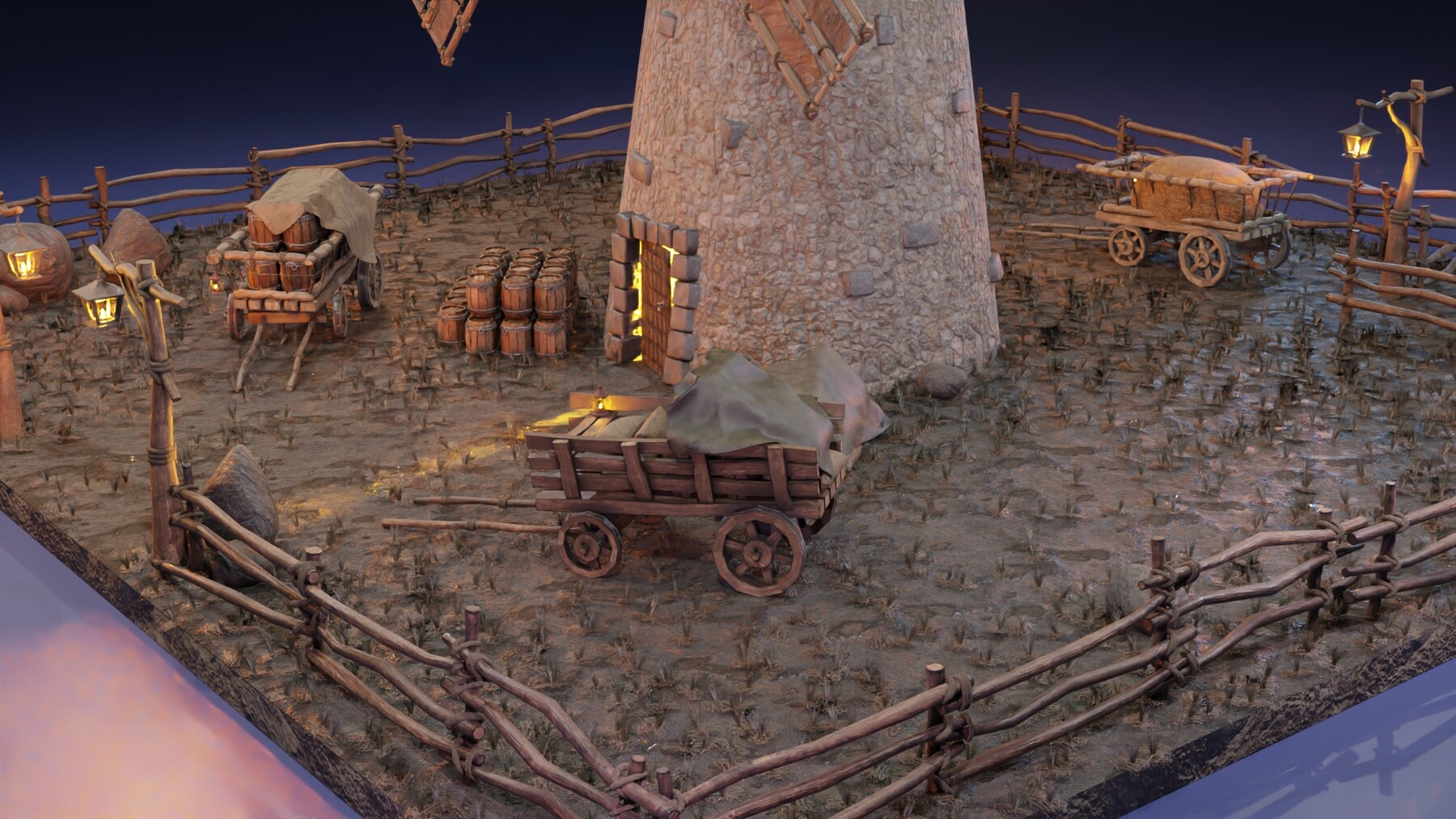 ArtStation - Animated stylized medieval scene of a mill with props ...