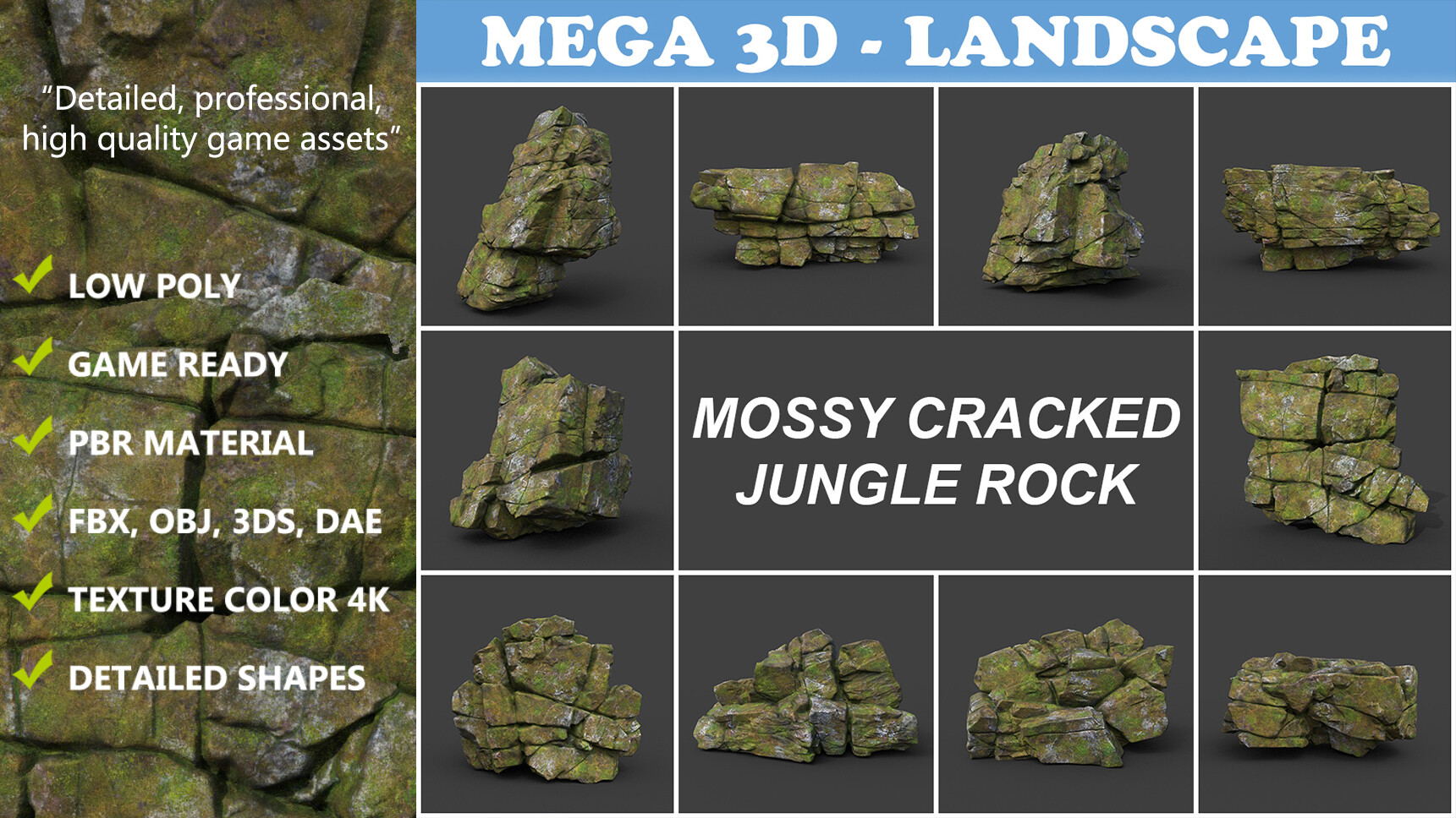ArtStation - Low poly Mossy Cracked Jungle Rock 220202 | Game Assets