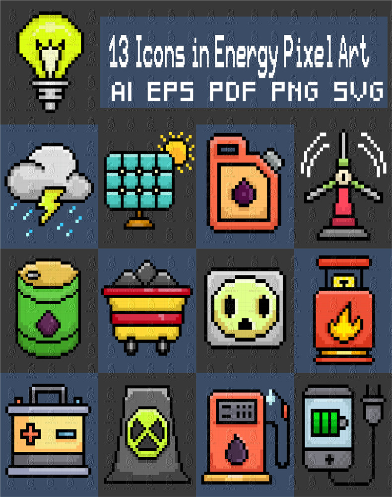 ArtStation - Pack of 13 Power and Energy Icons in Pixelarte, Energy ...