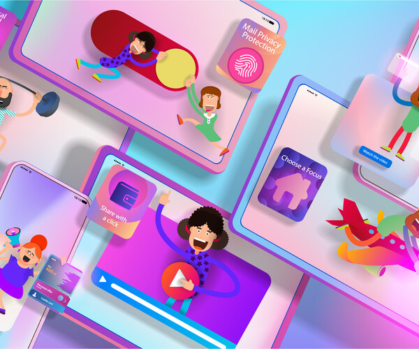 ArtStation - Cartoon characters and mobile interface on digital tablet ...