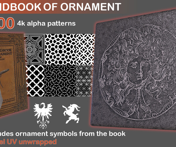 ArtStation - 300 alpha patterns + OBJ Handbook f ornament Vol 01 | Brushes