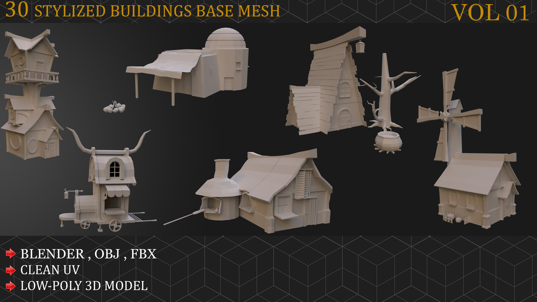 ArtStation - 30 Stylized Buildings Base mesh VOL 01 | Game Assets