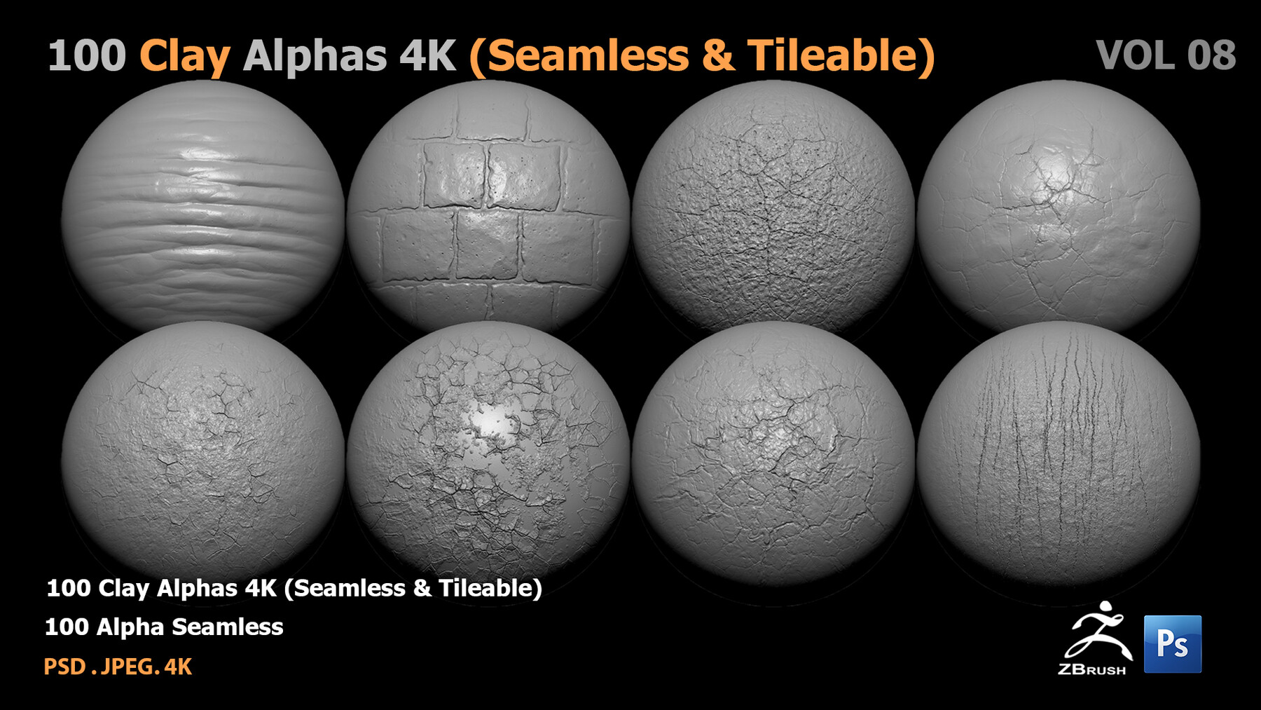 ArtStation - 100 Clay Alphas (Seamless & Tileable) VOL 08 | Brushes