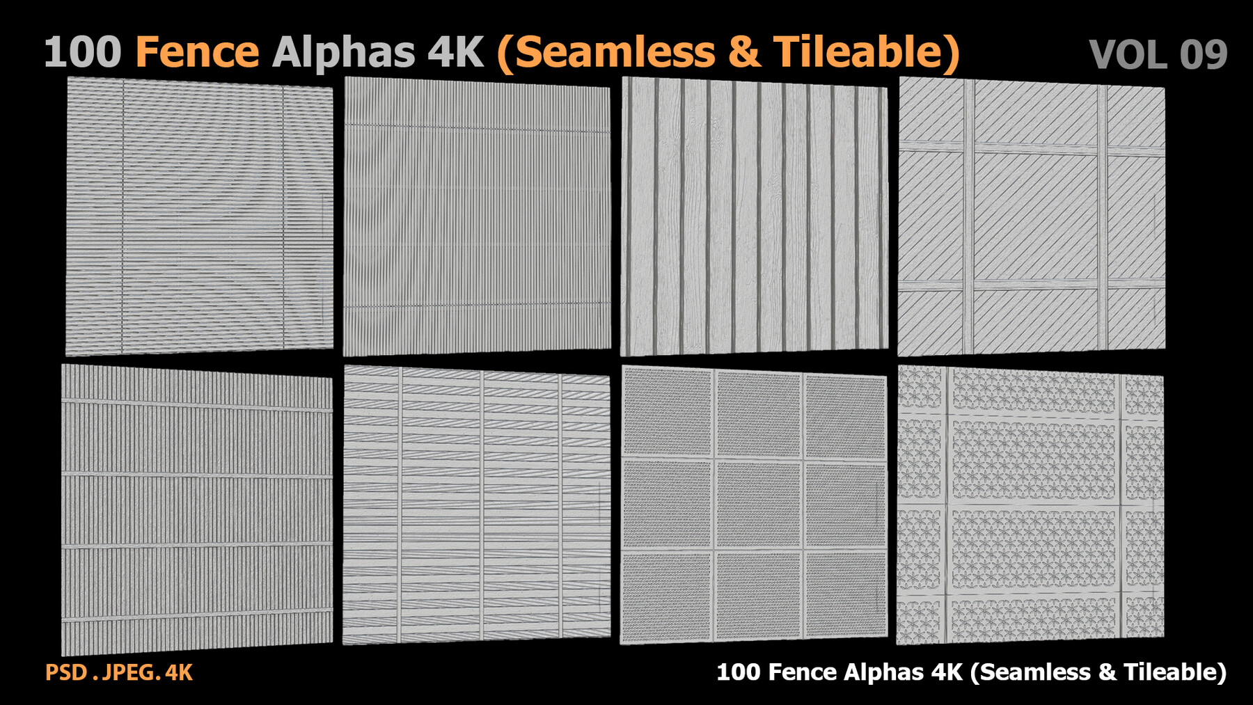 ArtStation - 100 Fence Alphas 4K (Seamless & Tileable) VOL 09 | Brushes
